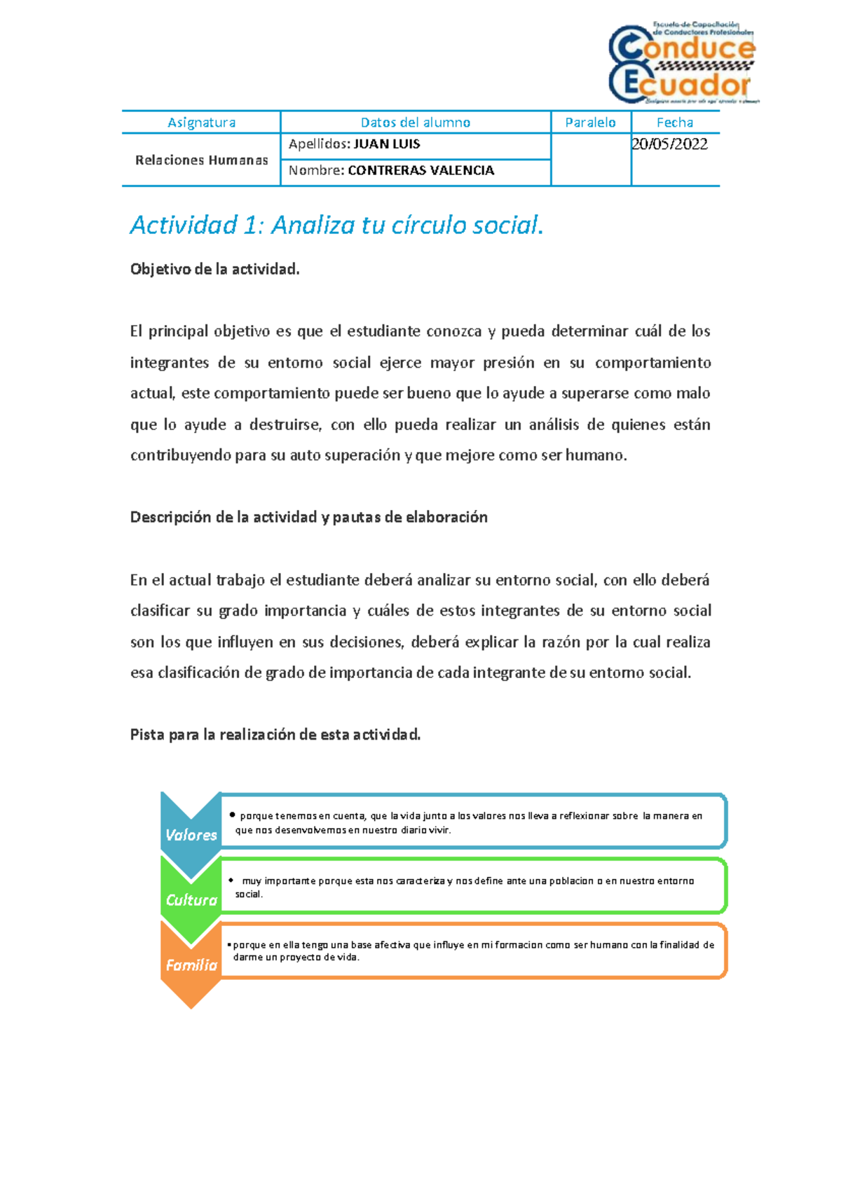 Actividad 1- Relaciones Humanas - Asignatura Datos del alumno Paralelo ...