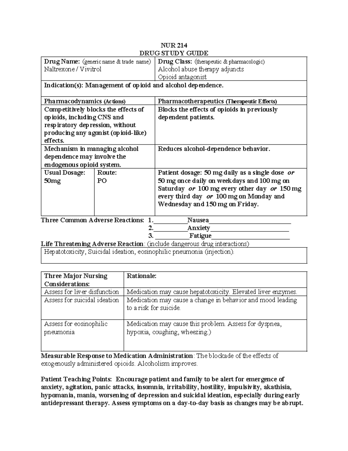 Naltrexone - Med card - NUR 214 DRUG STUDY GUIDE Drug Name: (generic ...