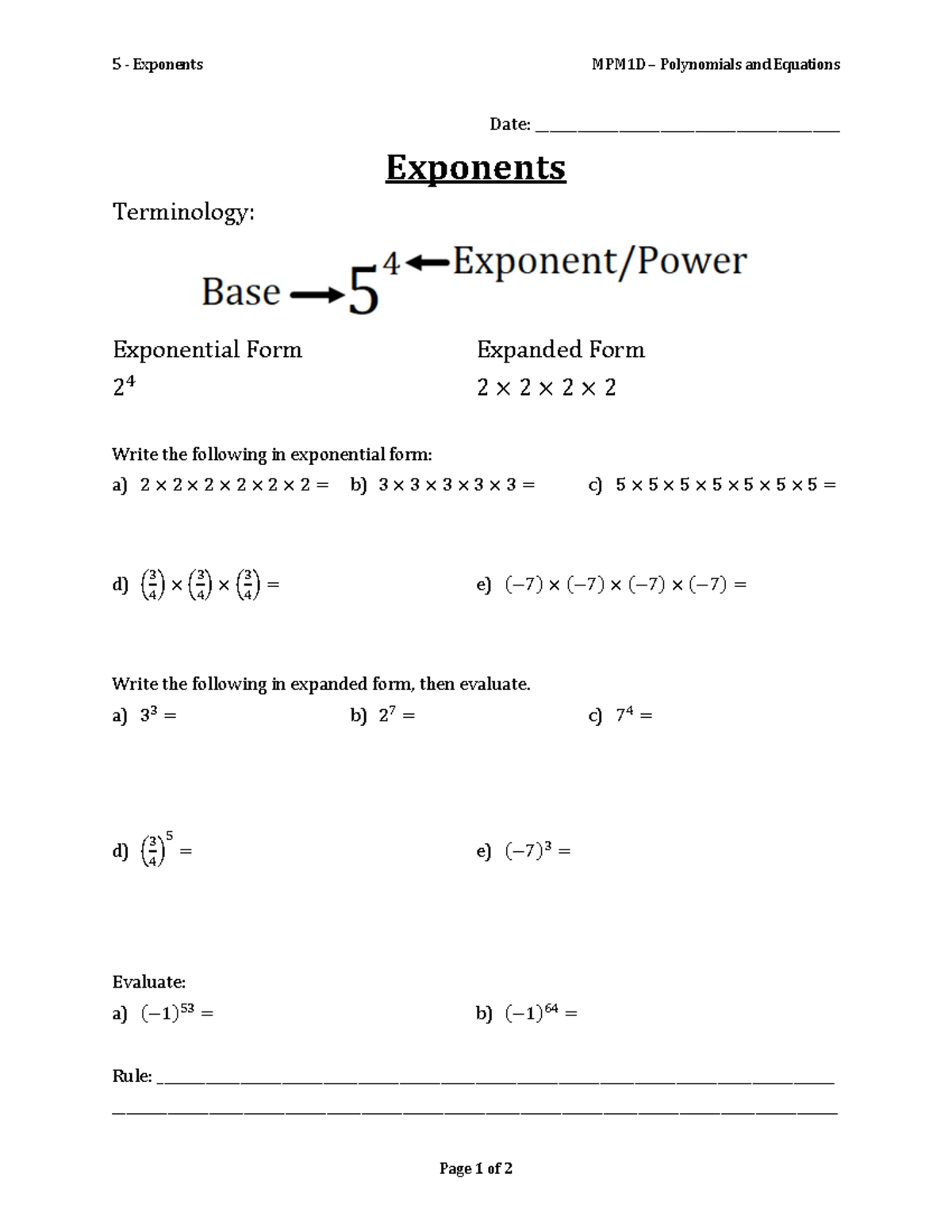 05 - Exponents - Notes - 5 - Exponents MPM1D – Polynomials and ...
