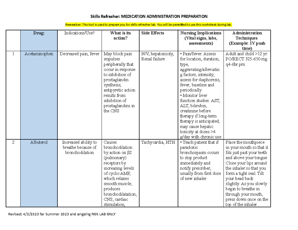 Toliver Lab Med Prep Sheet - Skills Refresher: MEDICATION ...