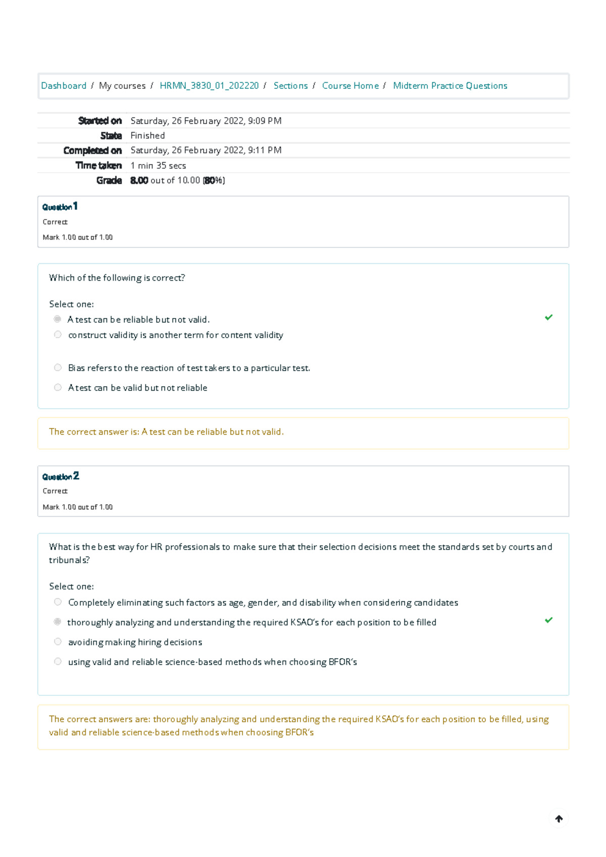 Midterm Practice Questions Attempt review 8 - Dashboard / My courses / HRMN_3830_01_202220 ...