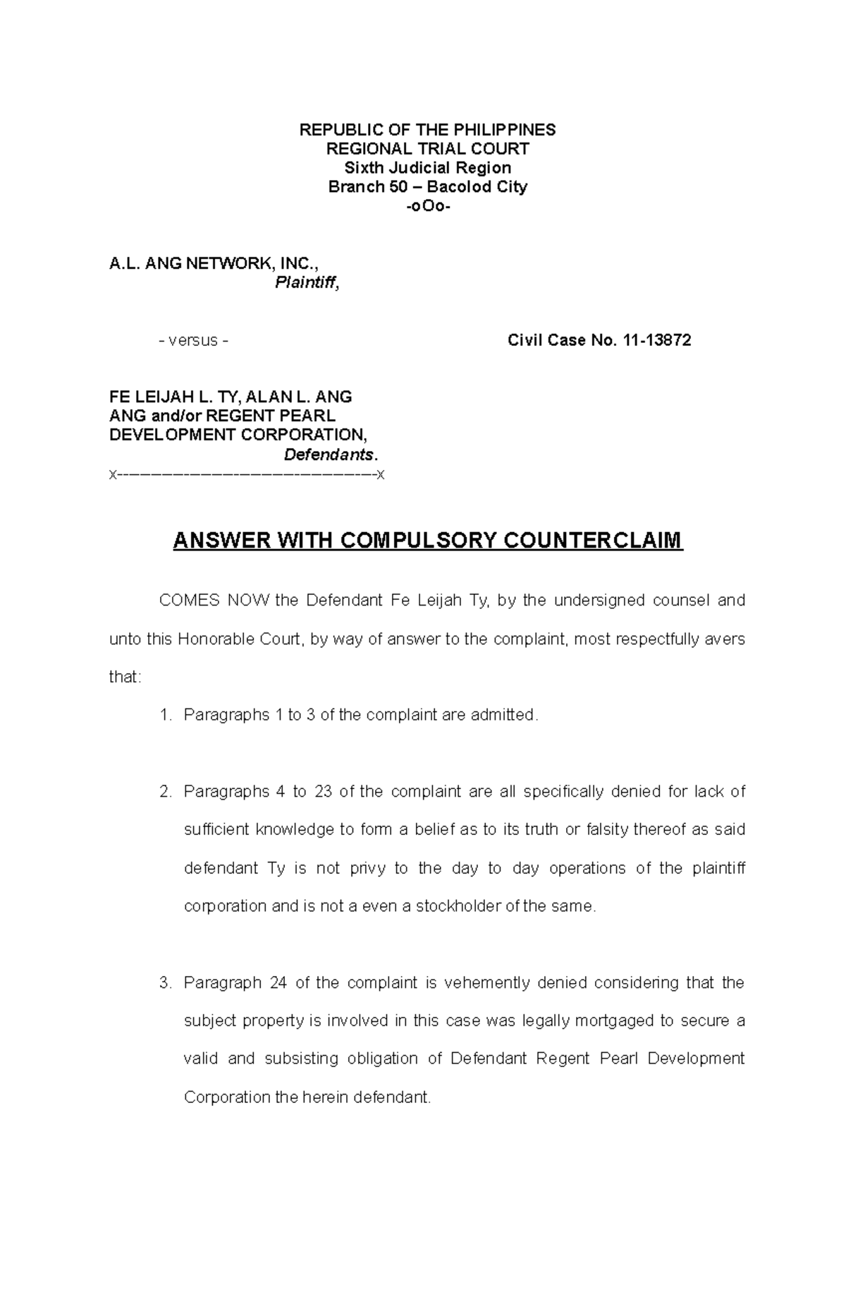 Sample/practice exam 4 February 2019, answers - REPUBLIC OF THE ...