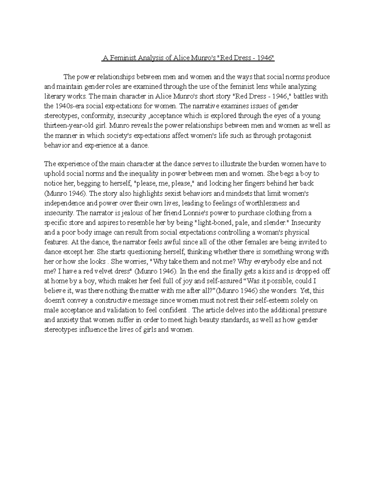 A Feminist Analysis of Alice Munro's Red Dress - 1946 - A Feminist ...