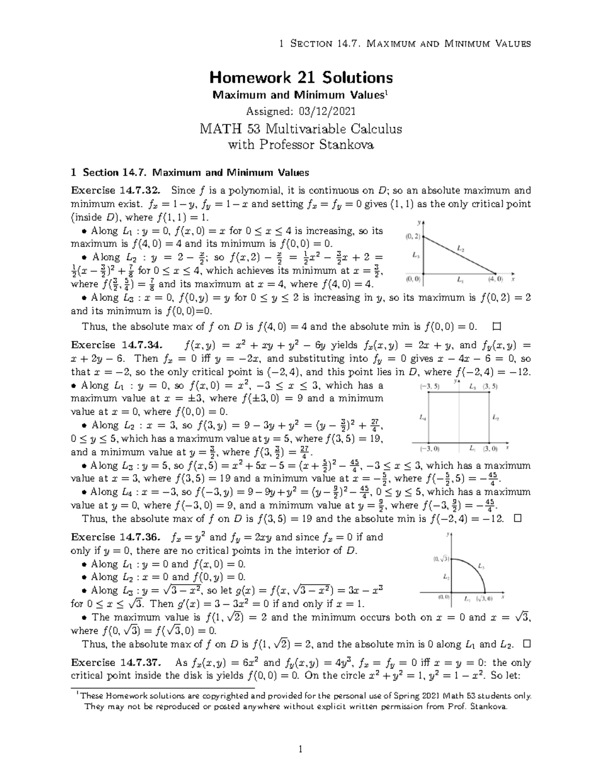 53S21HW21Solutions - Homework 21 Solutions - 1 Section 14. Maximum and ...