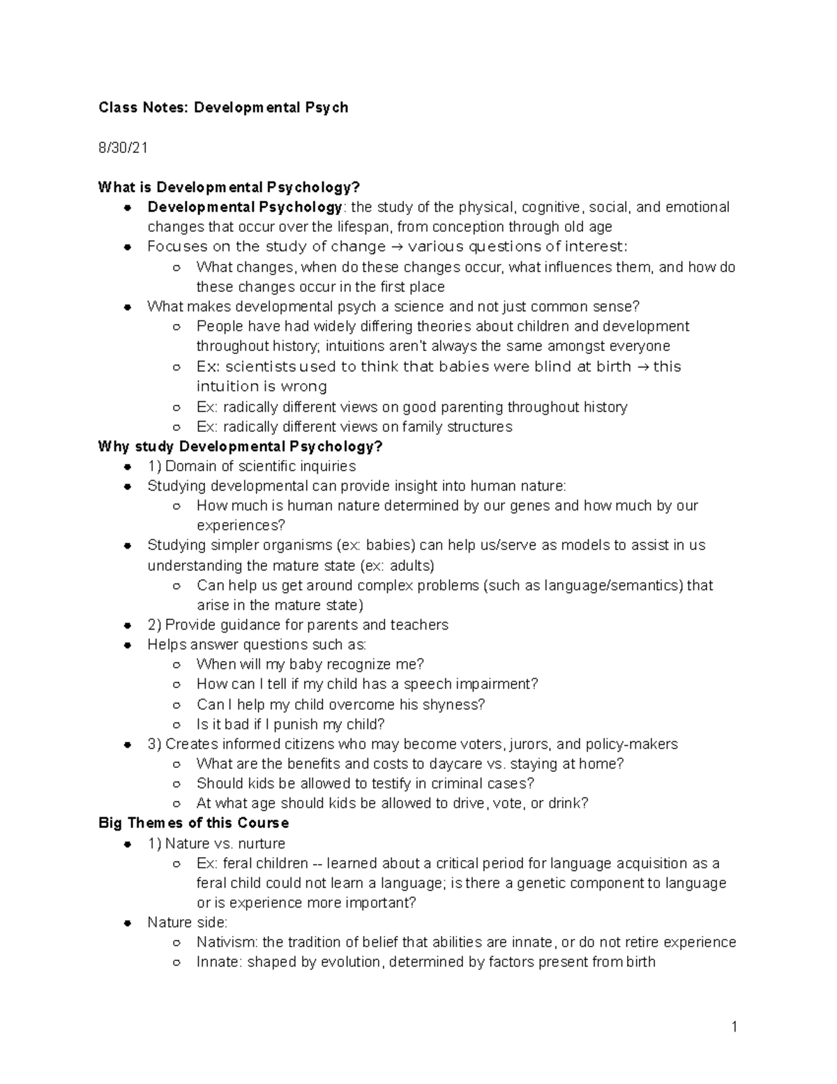 Class Notes Developmental Psych part 1 - Class Notes: Developmental ...
