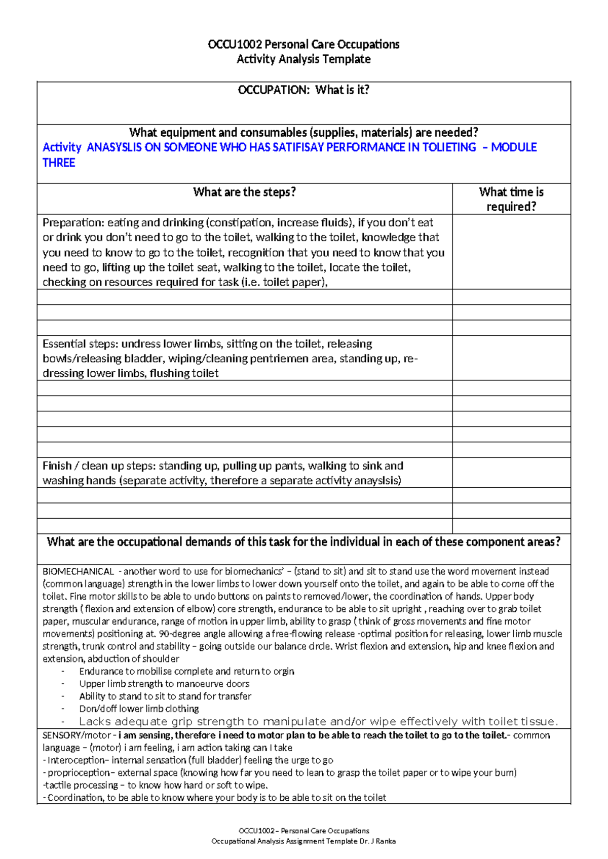 Activity analysis template 2024 Module 3 tolieting - OCCU1002 Personal ...