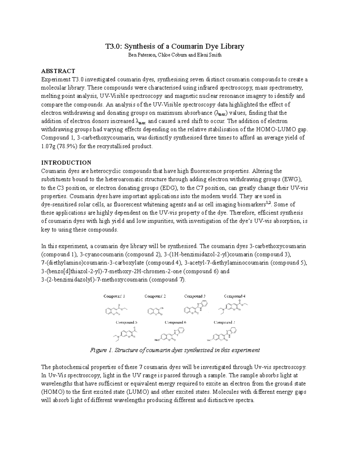 T3.0 Report - T3: Synthesis of a Coumarin Dye Library Ben Paterson ...