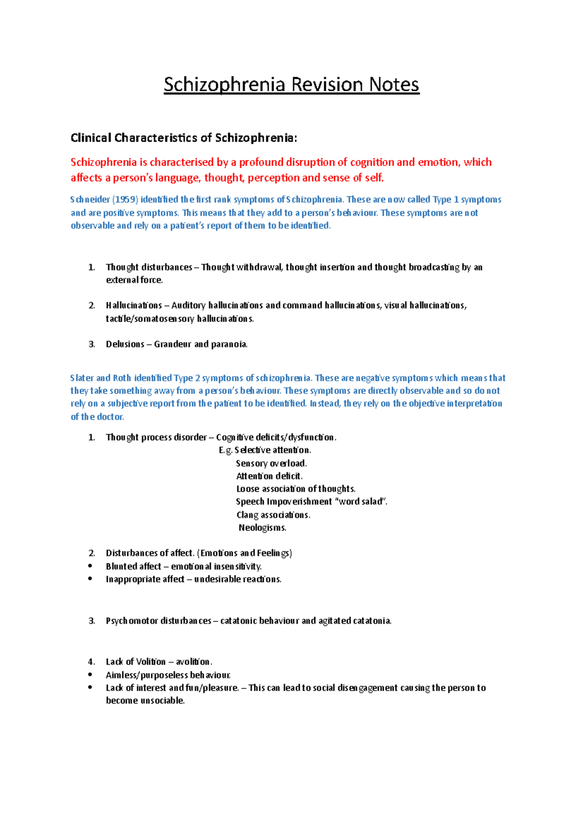 Schizophrenia Revision Notes - Schizophrenia Revision Notes Clinical ...