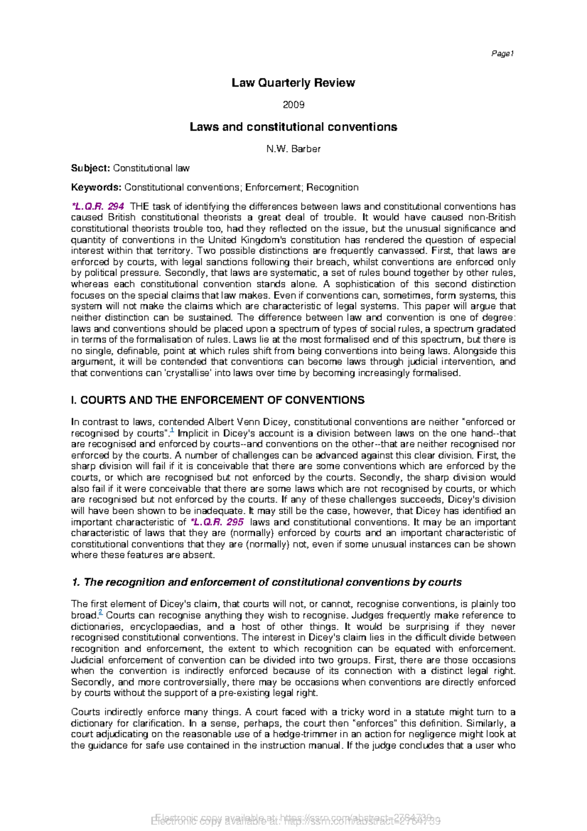 N.W Barber- Laws and Constitutional Conventions - Electronic copy ...