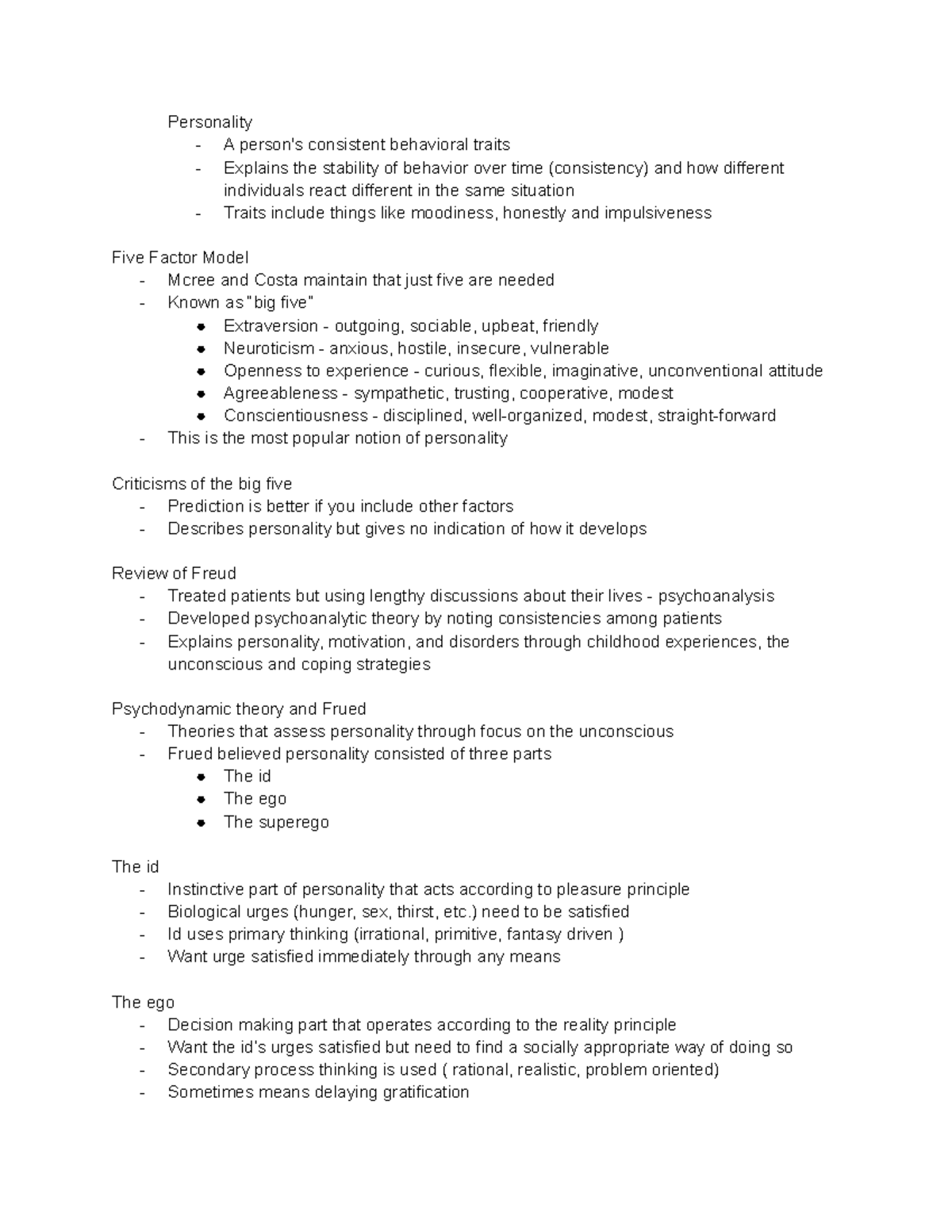 Psych 1001 chapter 12 notes - Personality - A person's consistent ...