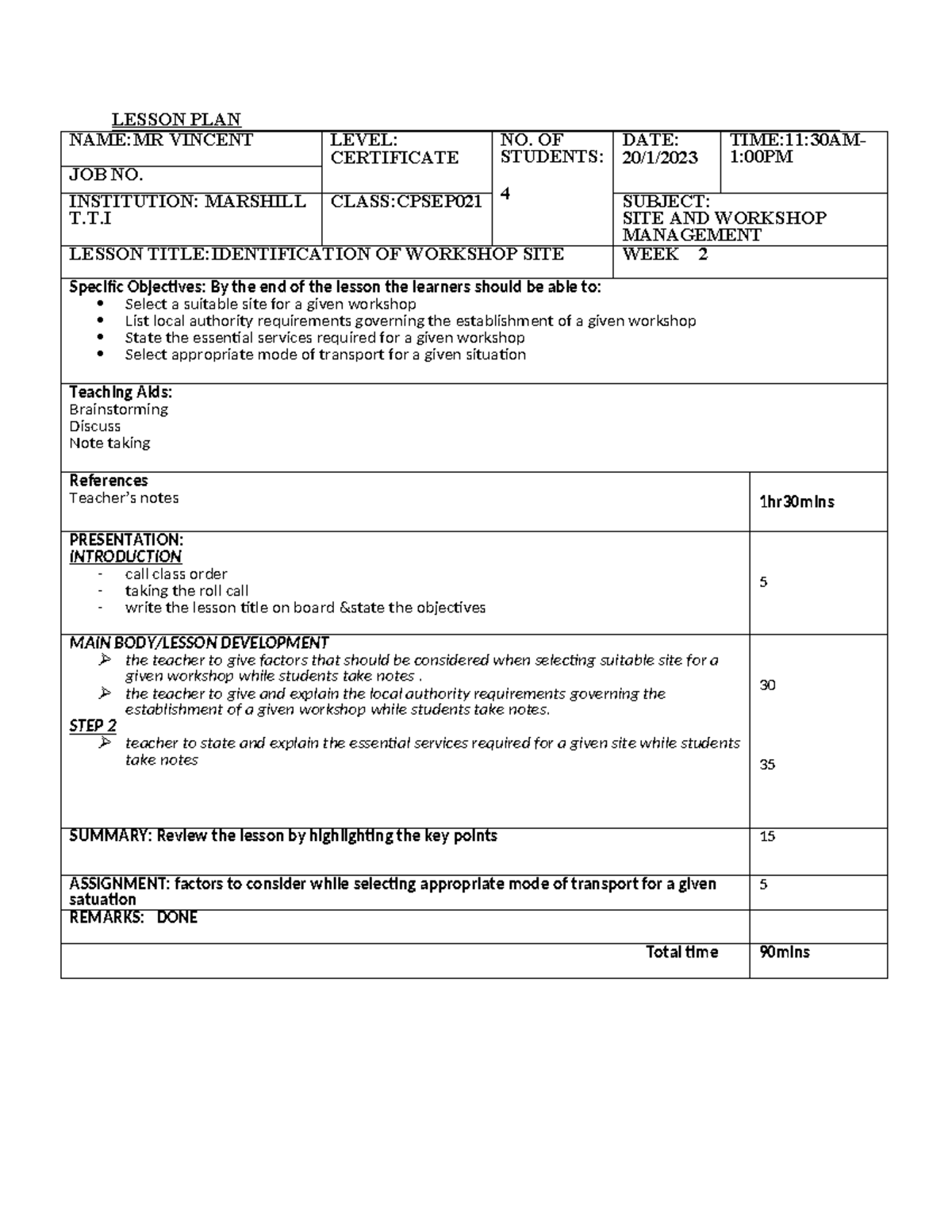 Lesson PLAN site Cpsep 021 - LESSON PLAN NAME:MR VINCENT LEVEL ...