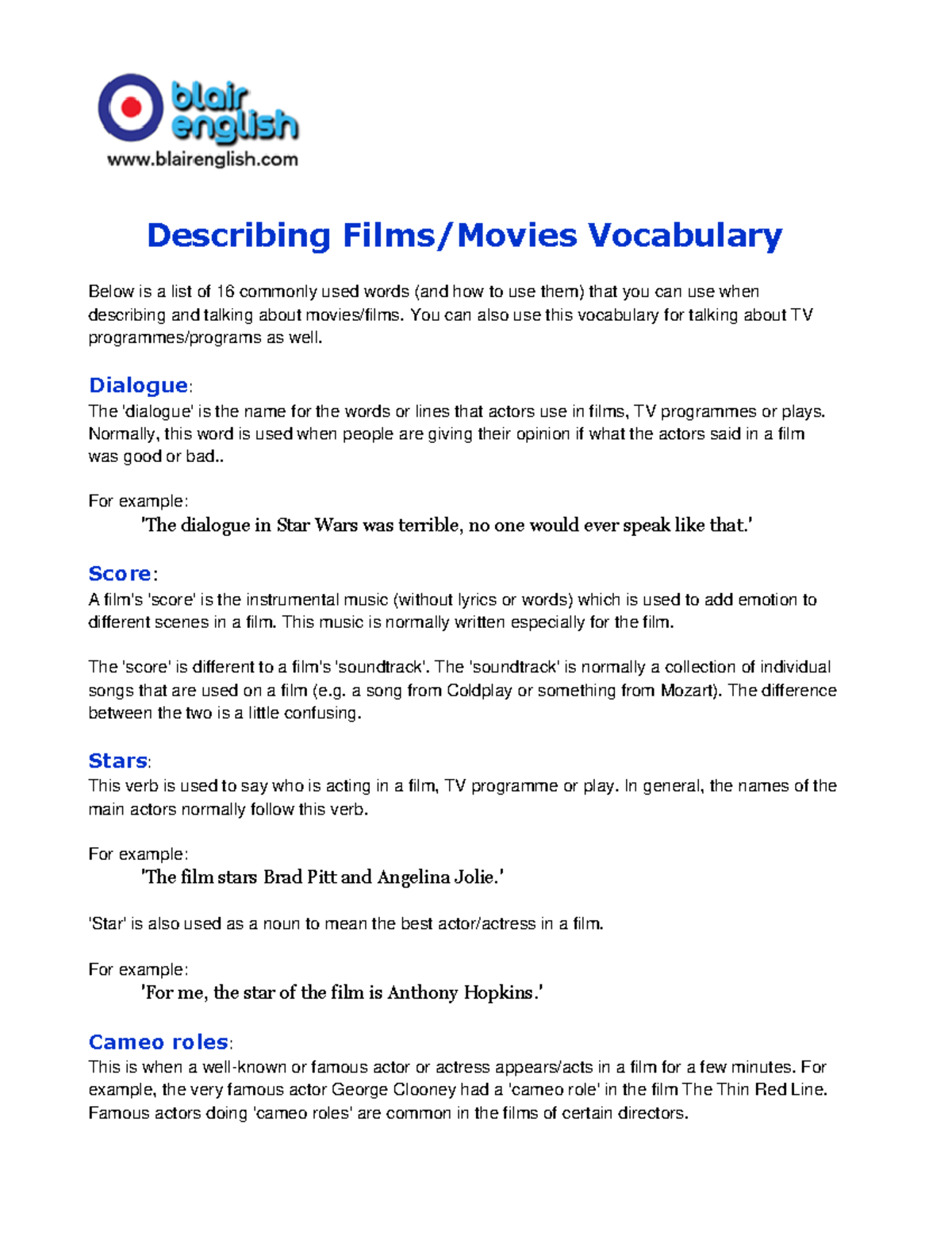 Describing movies vocab list - Describing Films/Movies Vocabulary Below ...