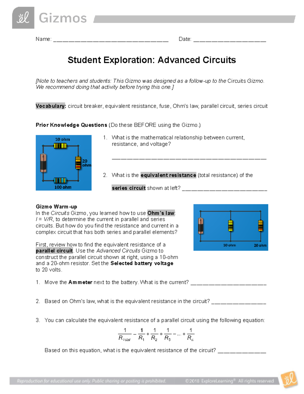 Gizmo Advanced Circuits SE - Name: ______________________________________ Date: - Studocu
