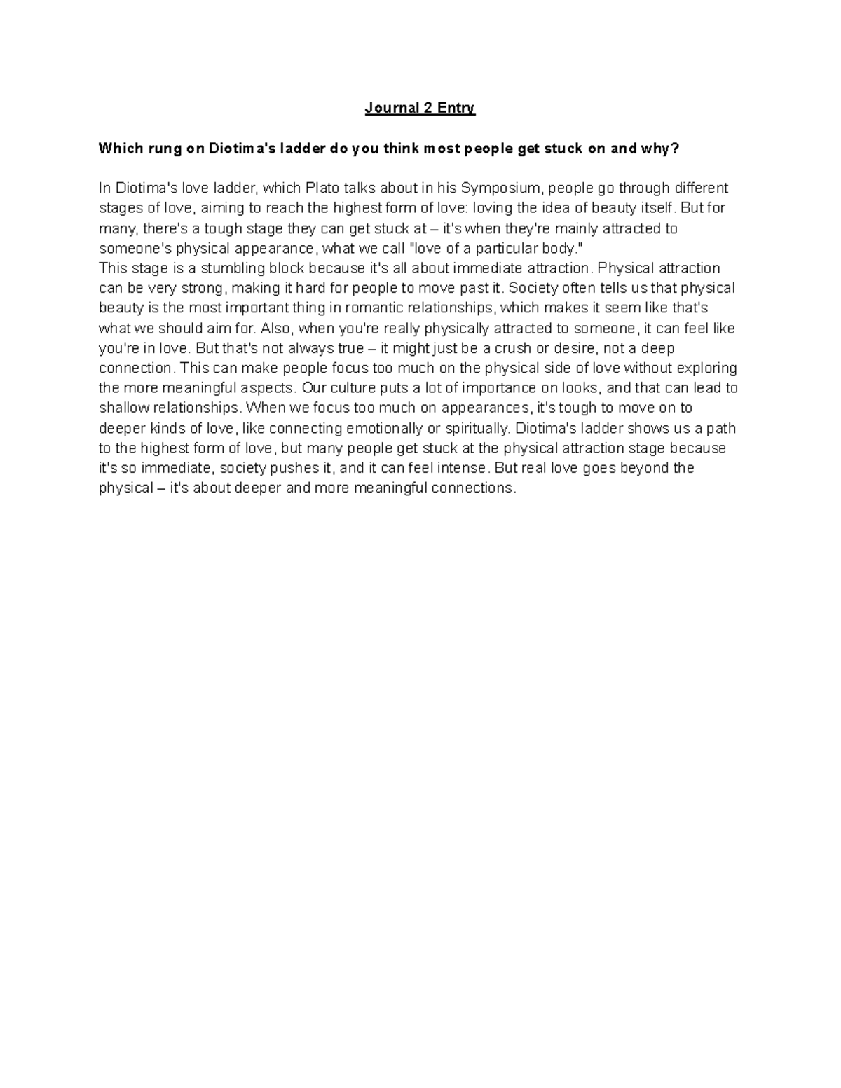 Journal 2 Entry - assignment - Journal 2 Entry Which rung on Diotima's ...