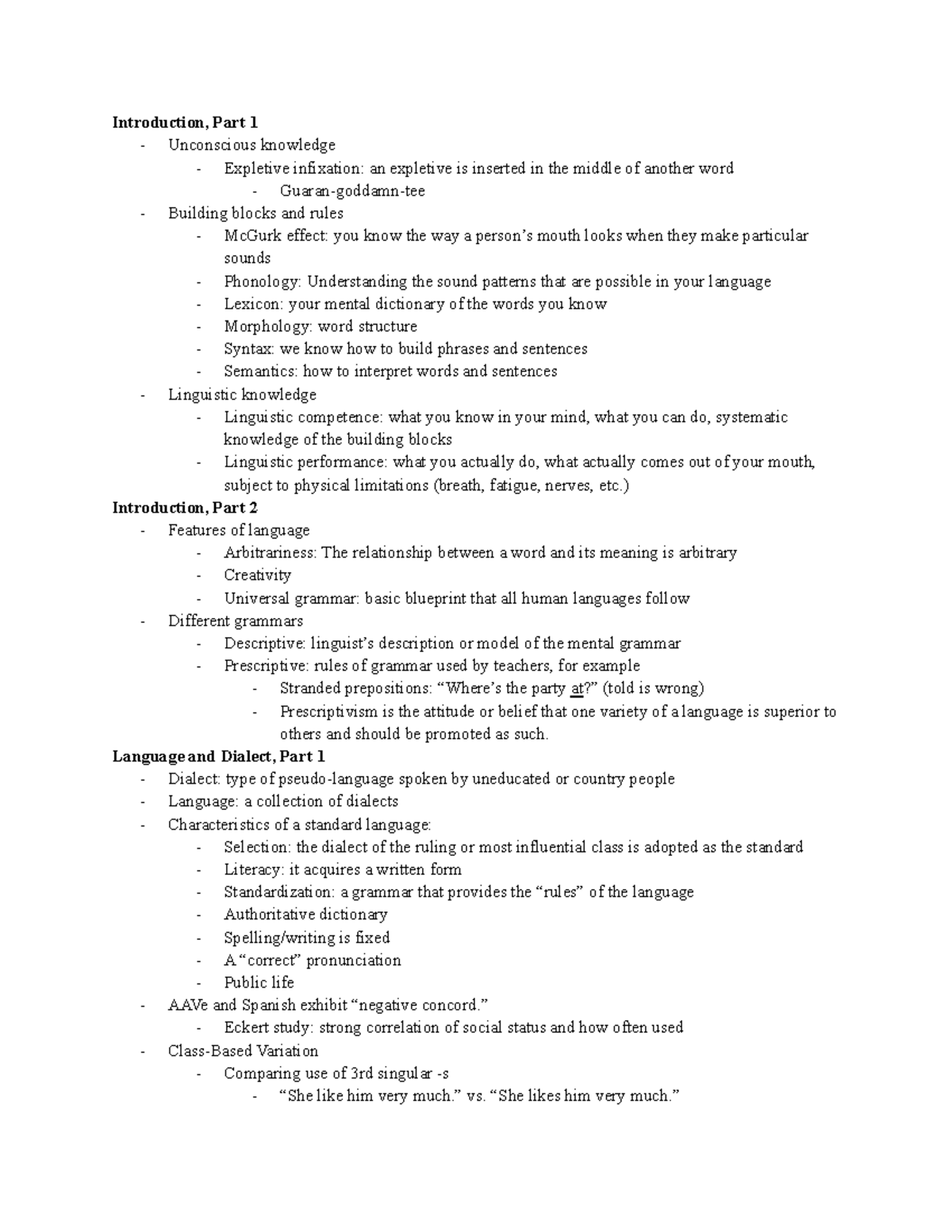 Ling 1 Lecture Notes Introduction Part 1 Unconscious Knowledge