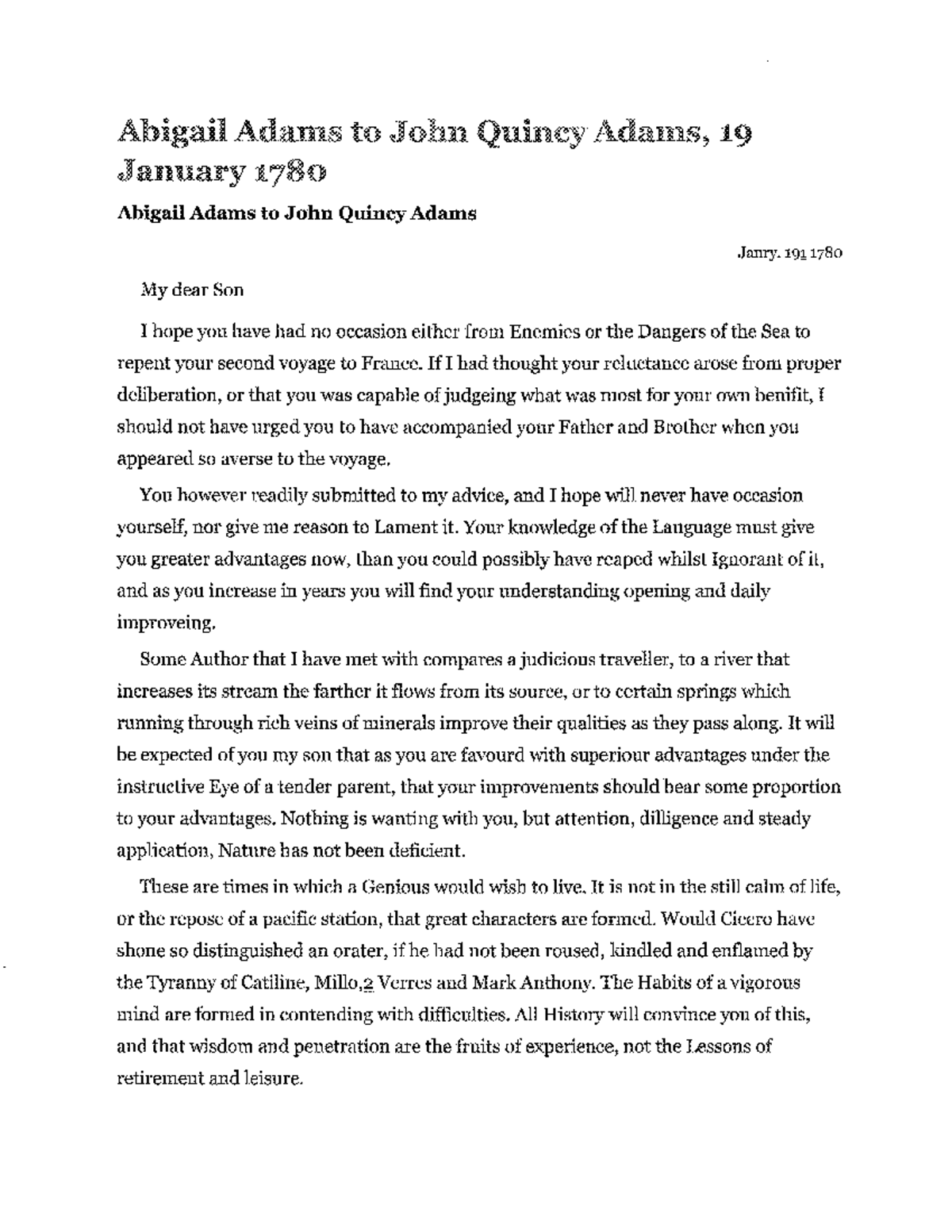 `Abigail Adams to John Quincy Adams 19 January 1780 text-questions ...