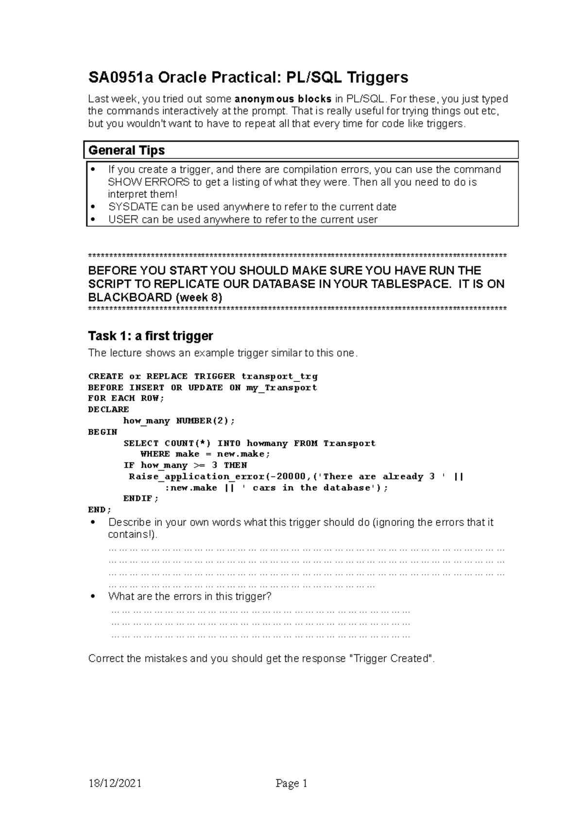 Laboratorio Plsql 2 otro ejercicio - SA0951a Oracle Practical: PL/SQL Triggers Last week, you ...