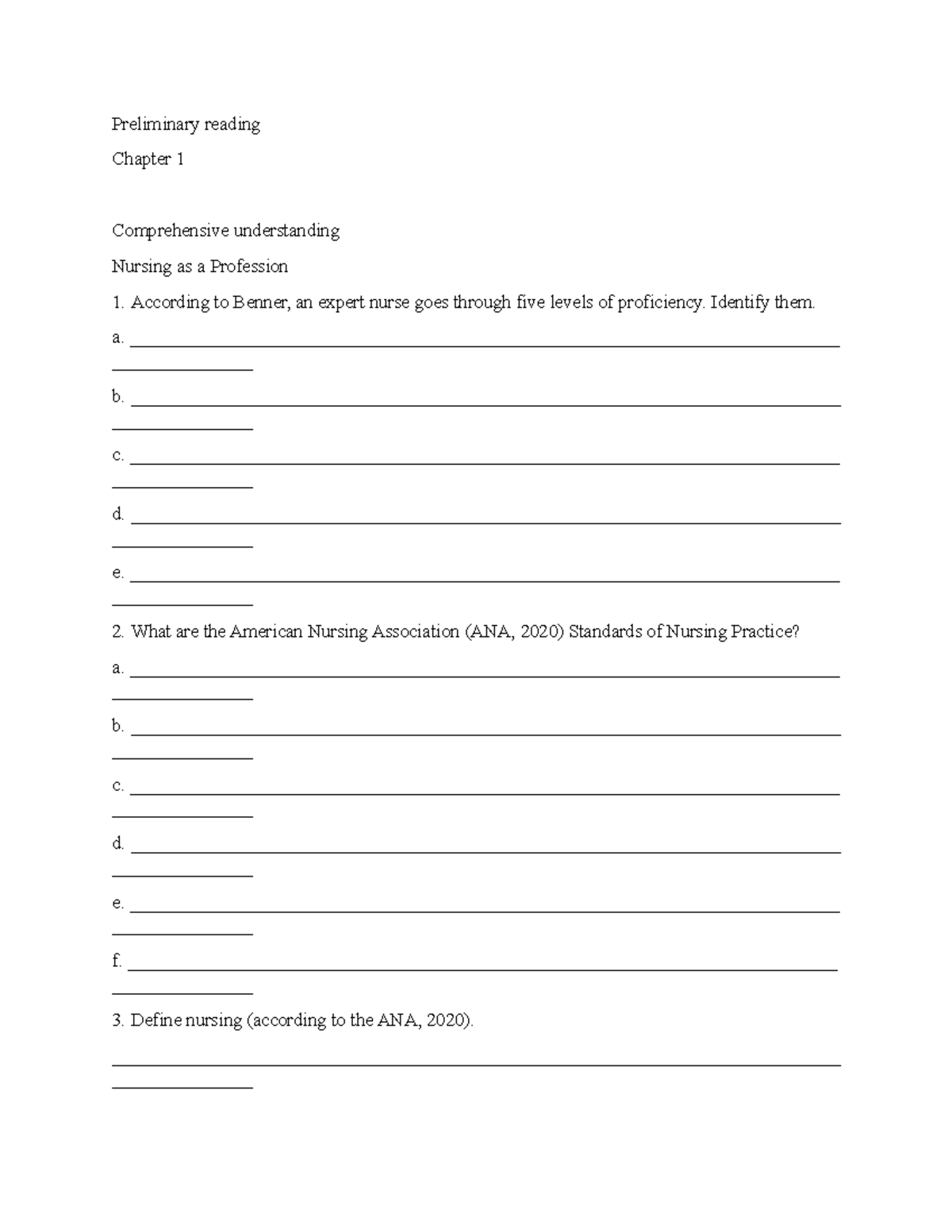 NR 222 Practice Learning Chapter 1 - Preliminary reading Chapter 1 Comprehensive understanding ...