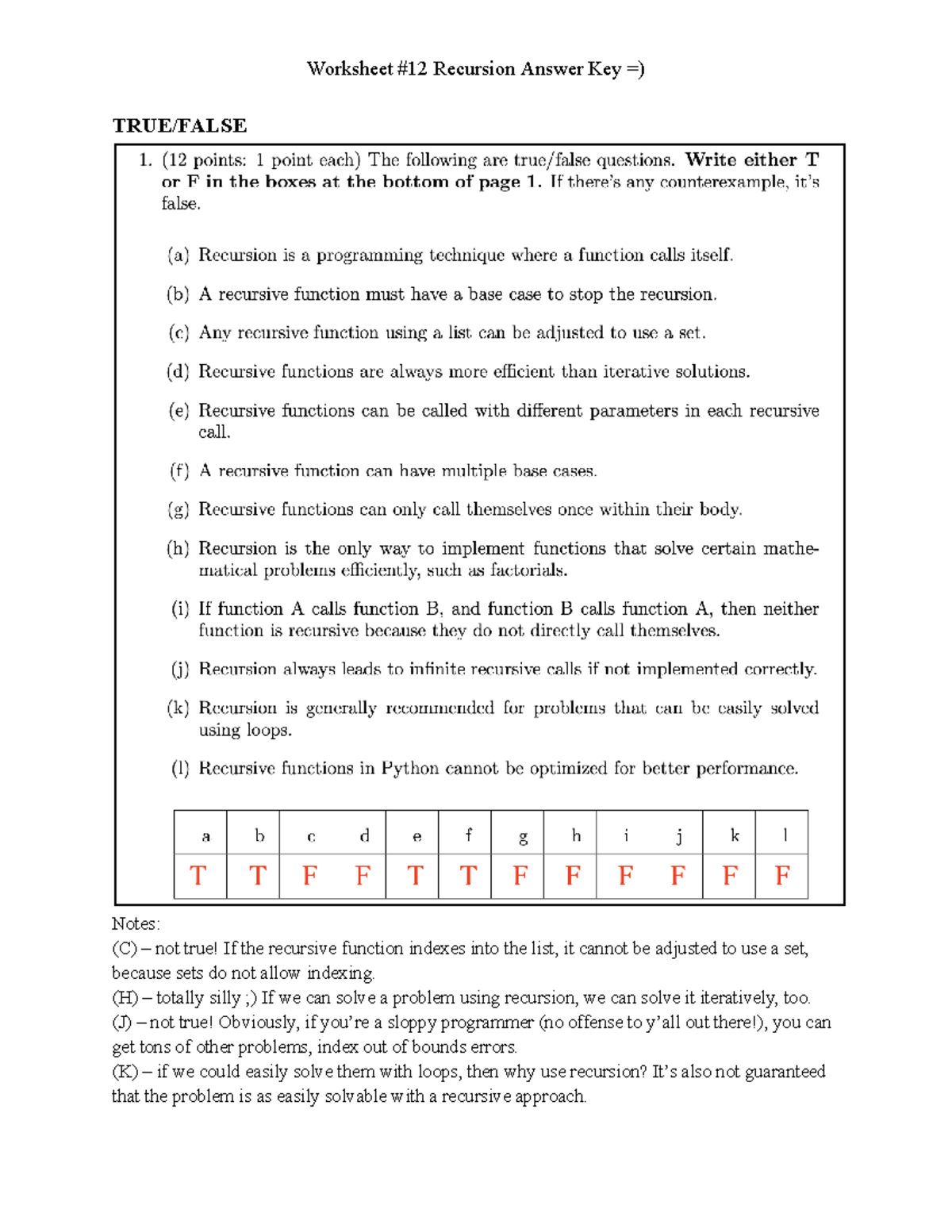 WK12 - weeksheet12 - Worksheet #12 Recursion Answer Key =) TRUE/FALSE ...