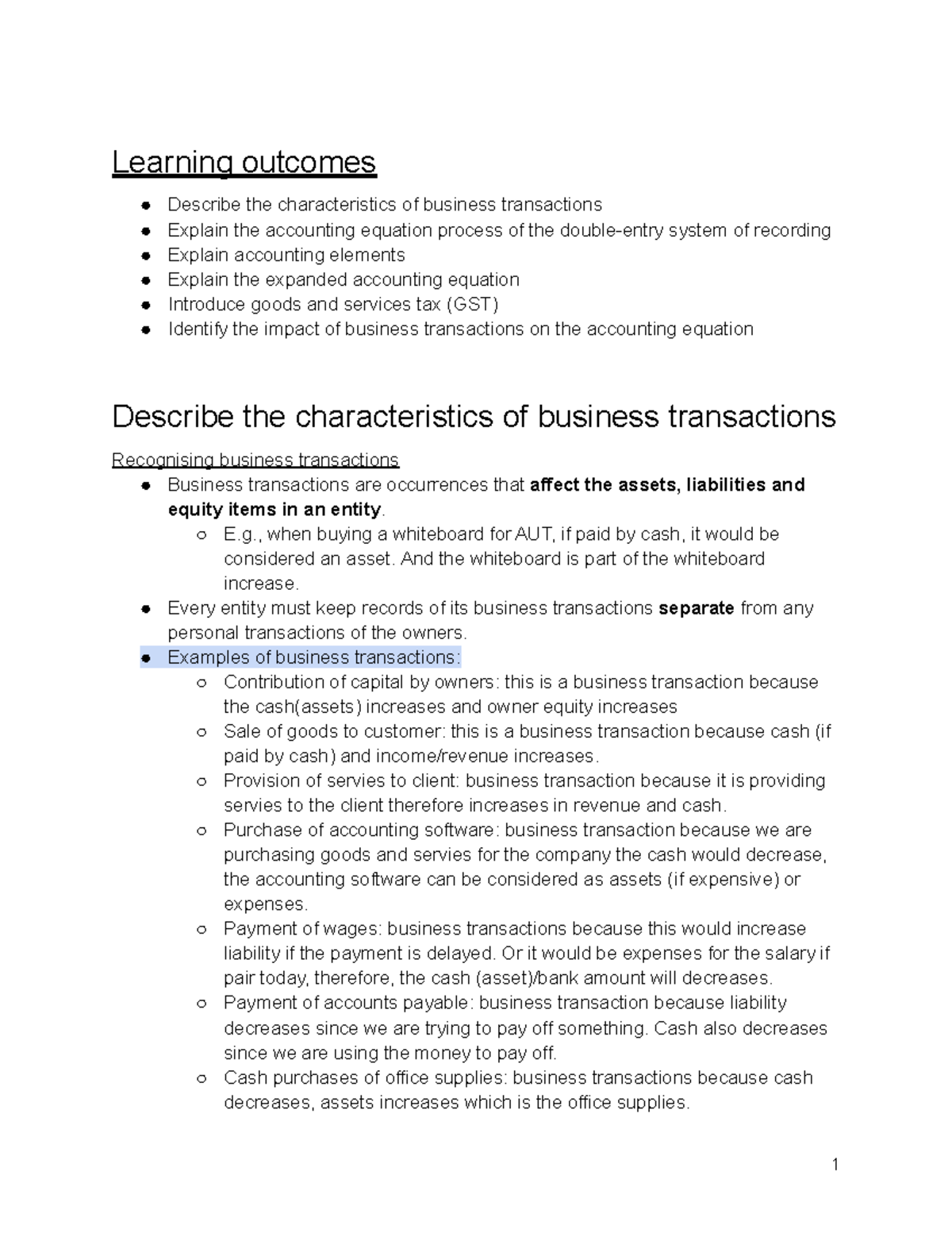 Week 2 Business Transactions - Learning outcomes Describe the ...