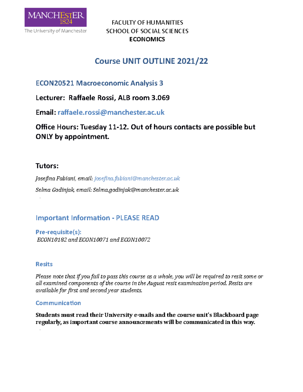 course Unit Outline 2021 - SCHOOL OF SOCIAL SCIENCES ECONOMICS Course ...