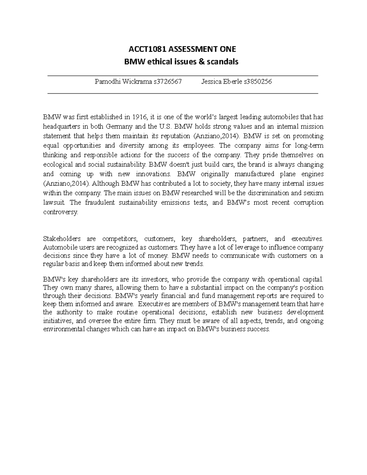 ACCT1081 Assessment ONE BMW ethical issues & scandals - ACCT1081 ...