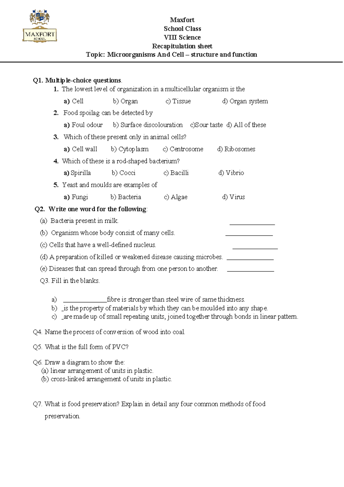 Recap sheet Science August - Maxfort School Class VIII Science ...