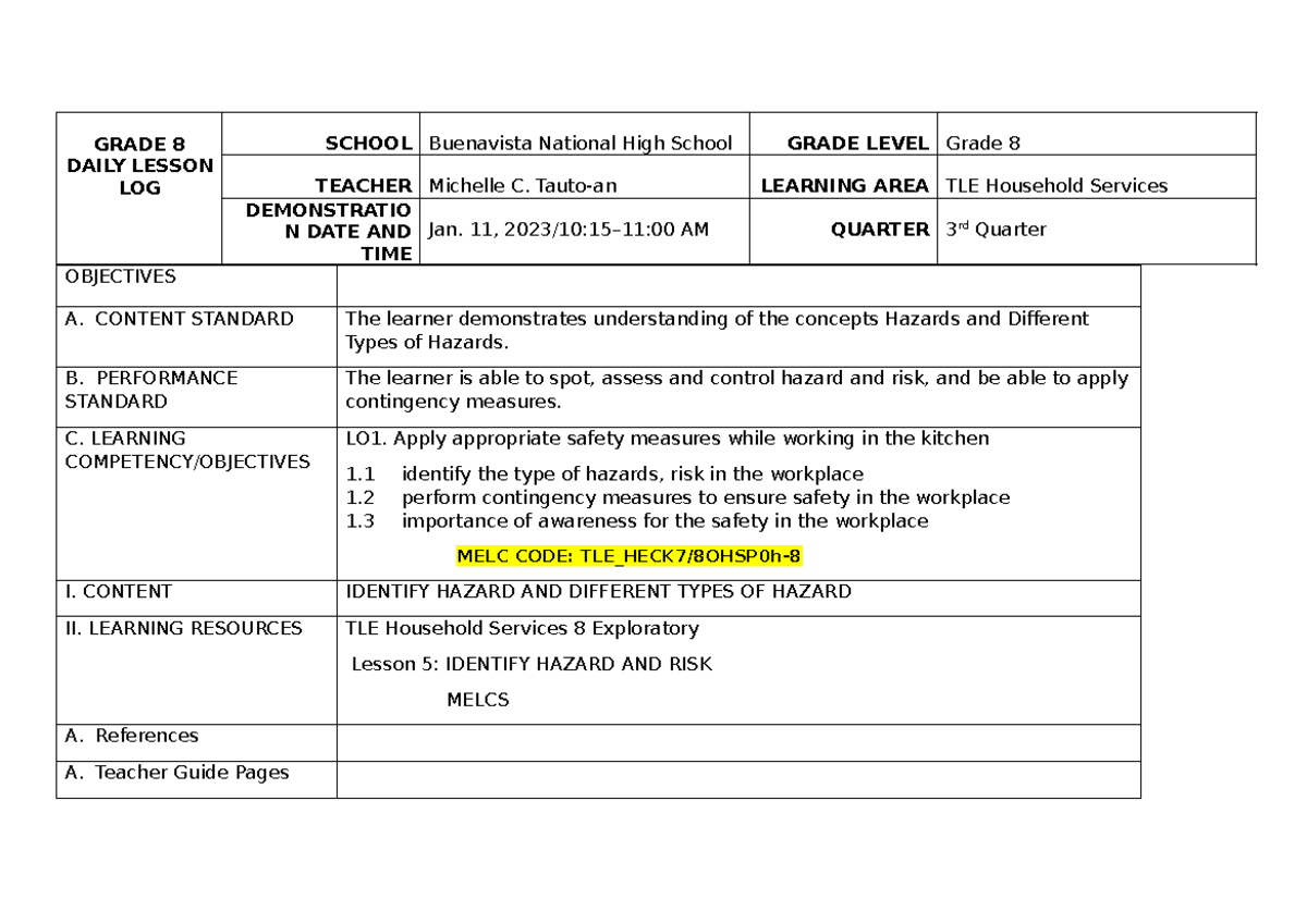 DLL - Household Services 8 - GRADE 8 DAILY LESSON LOG SCHOOL Buenavista ...