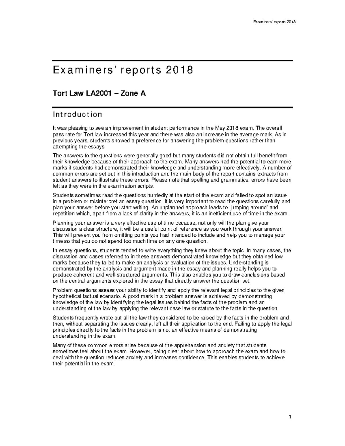 Tort report 2018 A - Tort paper - Examiners’ reports 2018 Tort Law ...