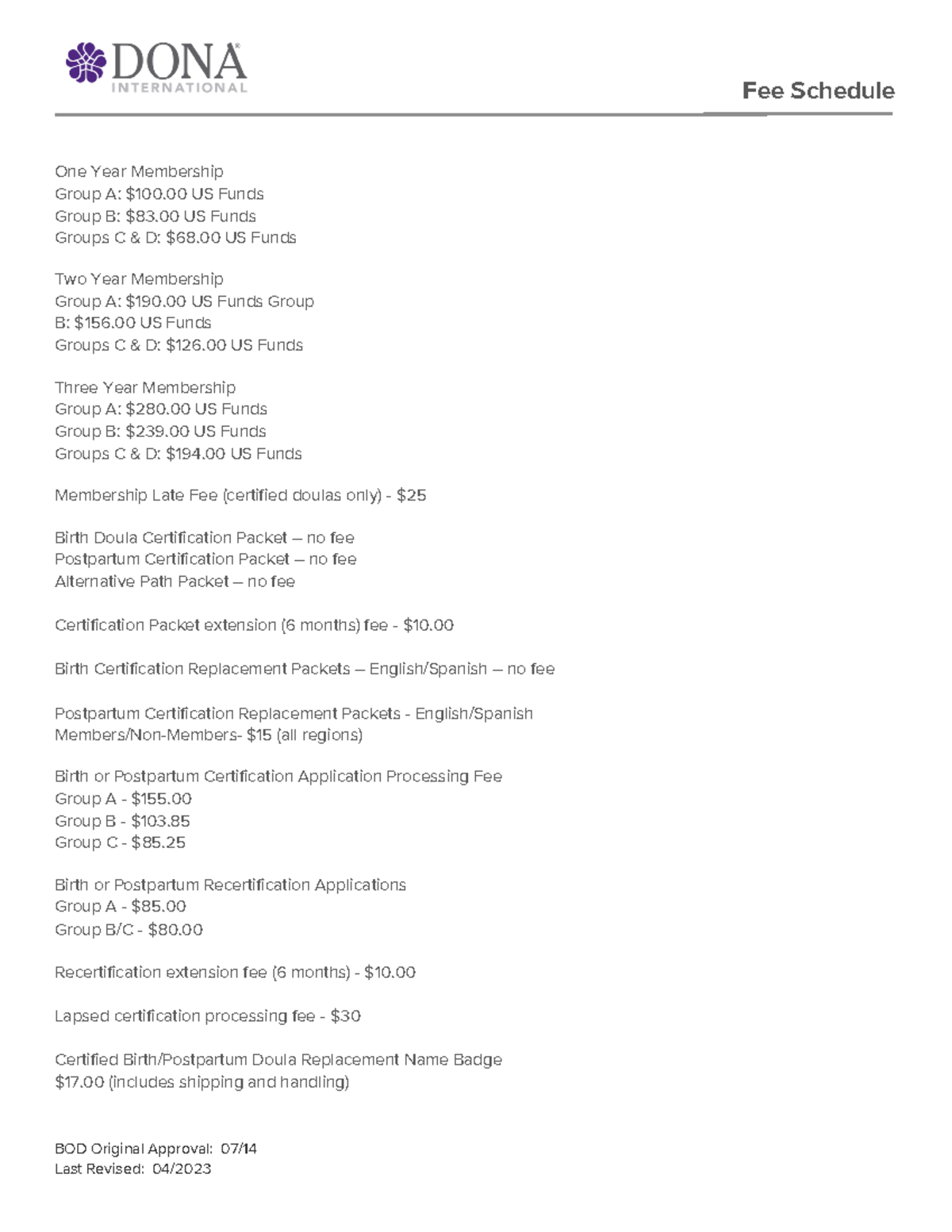 DONA Fee Schedule Final - BOD Original Approval: 07/ Last Revised: 04 ...