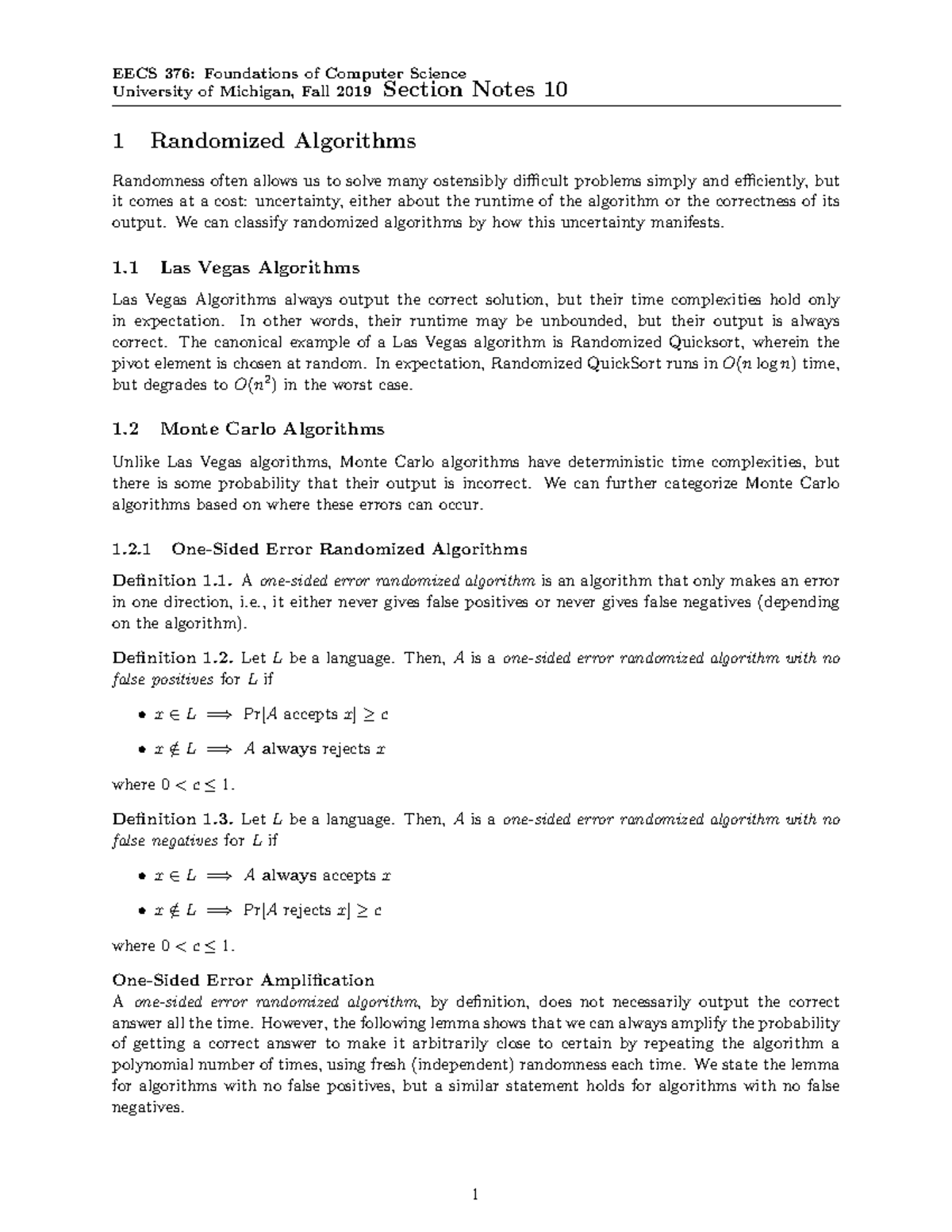 Section-notes-10 - Lecture notes 10 - University of Michigan, Fall 2019 ...