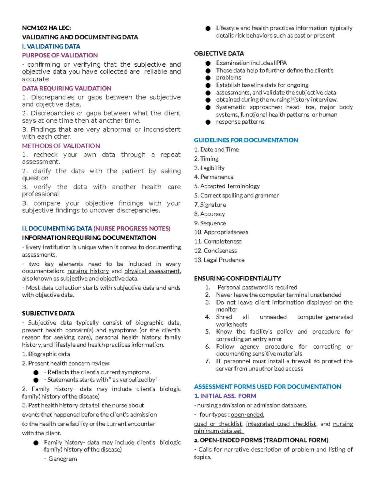 NCM102, Module 4, Documenting and Validating Data, HA Lec - NCM102 HA ...