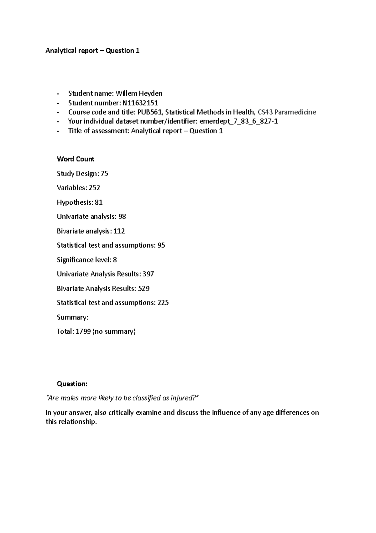 Analytical report- Question 1 Stats - PUB561 - QUT - Studocu