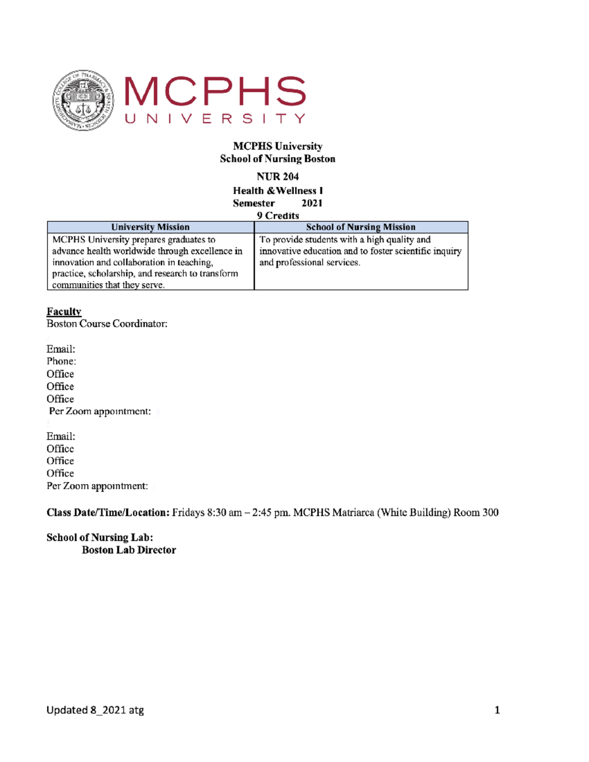 Mcphs NUR 204 Syllabus - MCPHS VERS MCPHS University School of Nursing ...