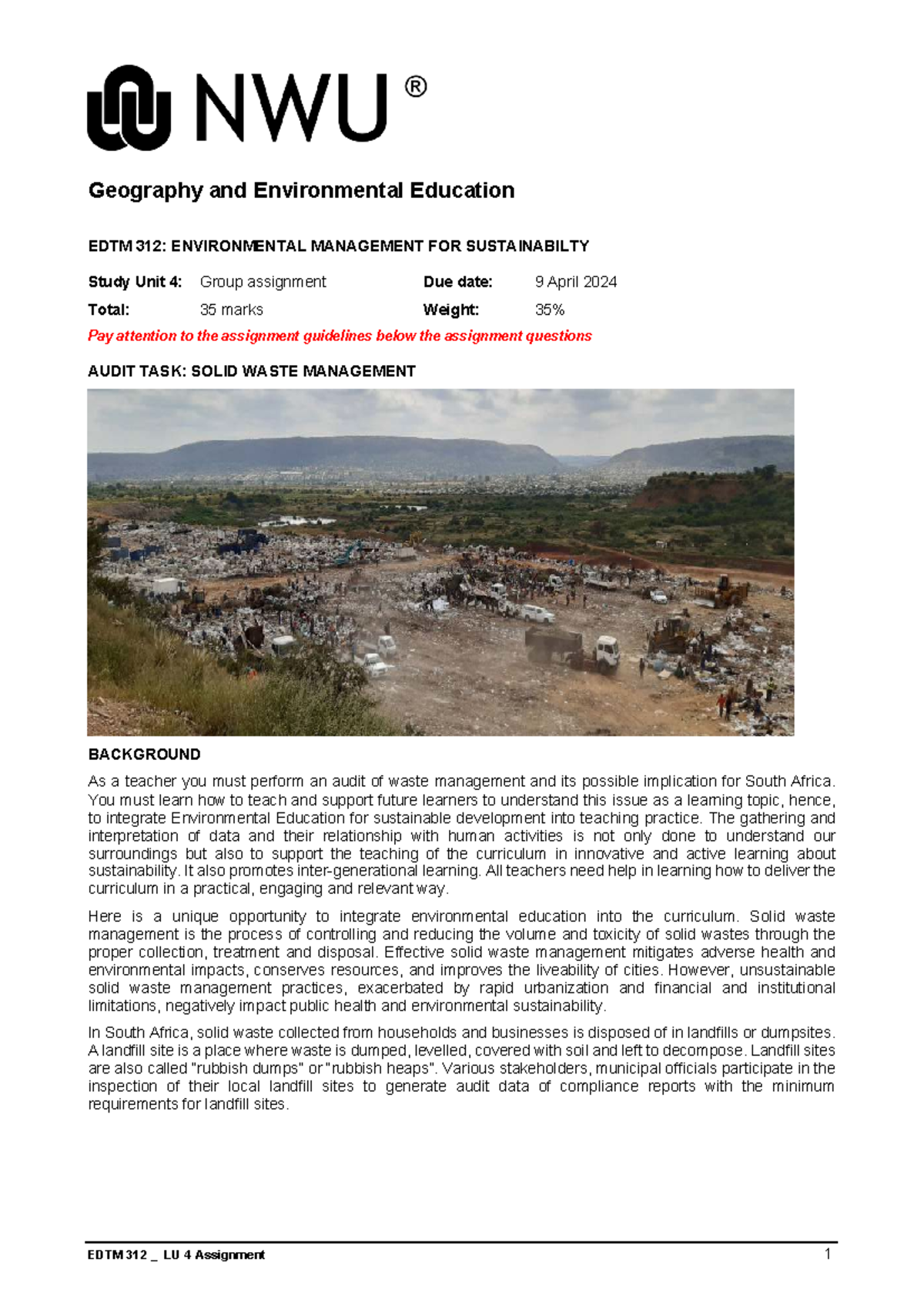 EDTM 312 LU 4 Audit TASK Assignment English - Geography and ...