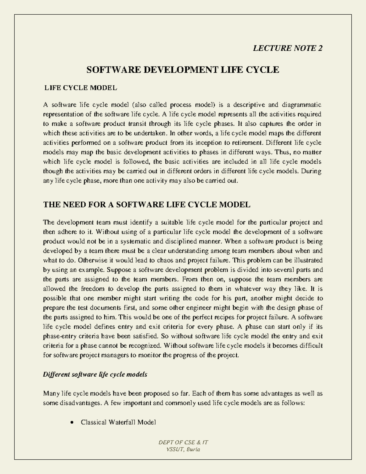SOFTWARE DEVELOPMENT LIFE CYCLE - DEPT OF CSE & IT LECTURE NOTE 2 ...