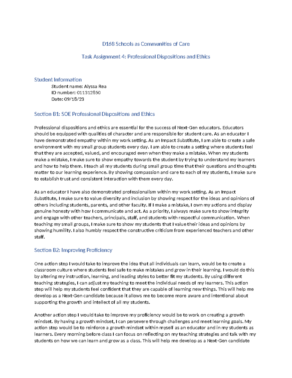 D168 Task Assignment 4 - D168 Schools as Communities of Care Task ...