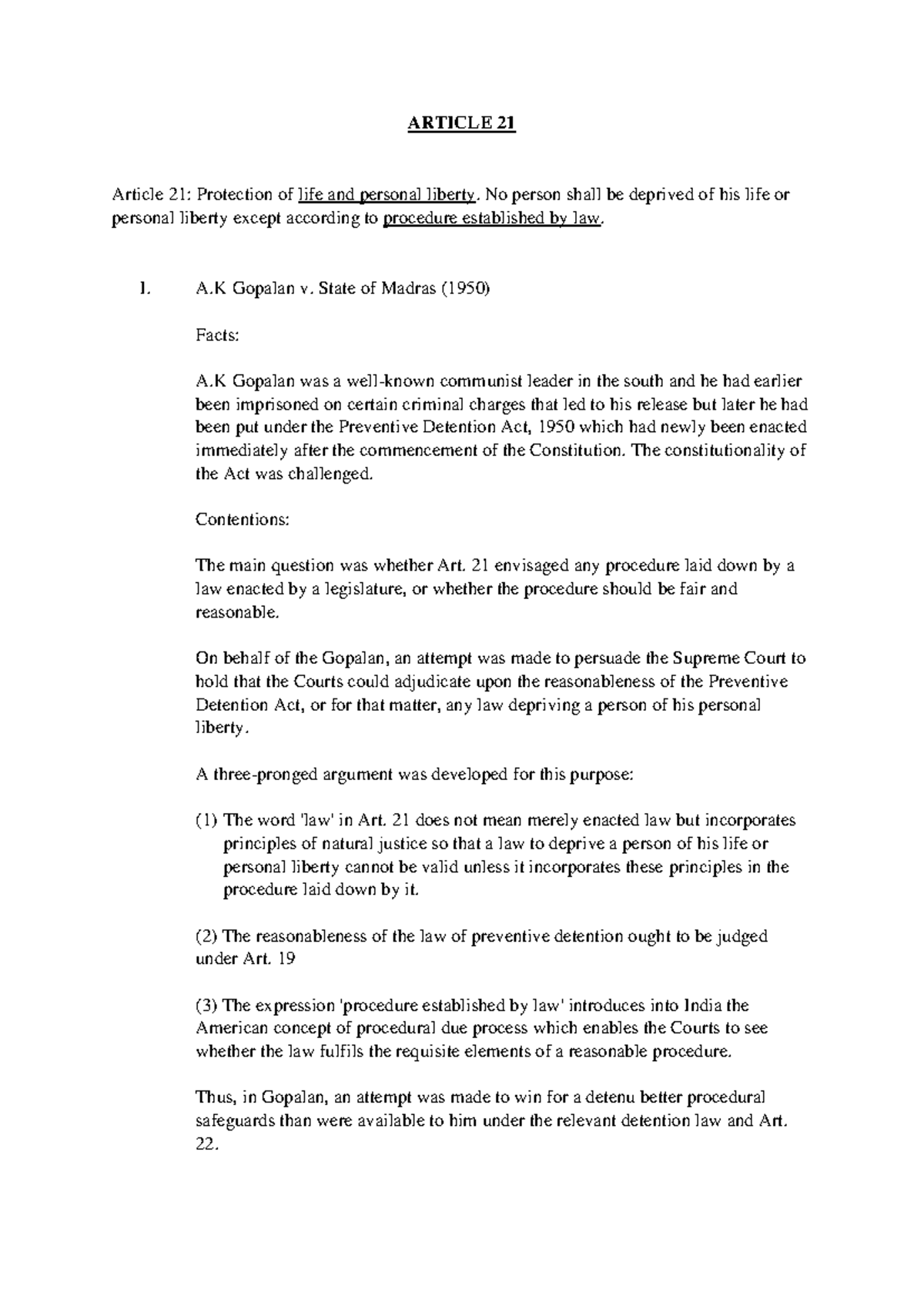 Article 21 - ARTICLE 21 Article 21: Protection of life and personal ...
