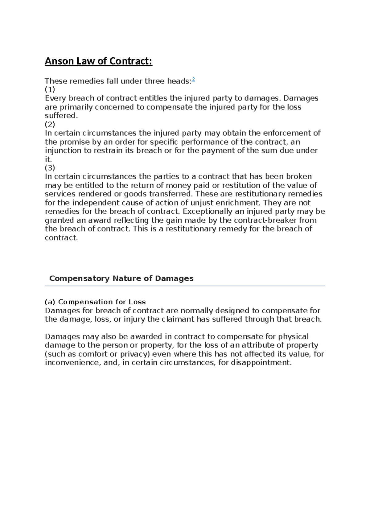 Anson Law of Contract - reading - Anson Law of Contract: These remedies ...