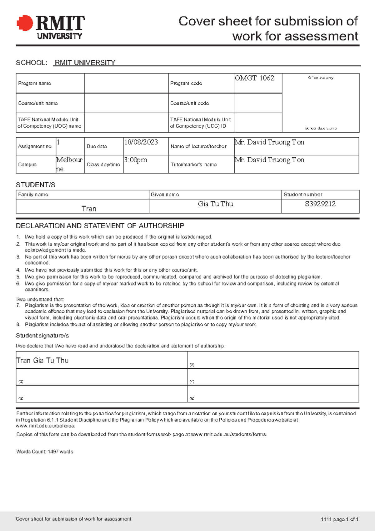 ASM1-Transportation-s3929212 - Cover sheet for submission of work for ...