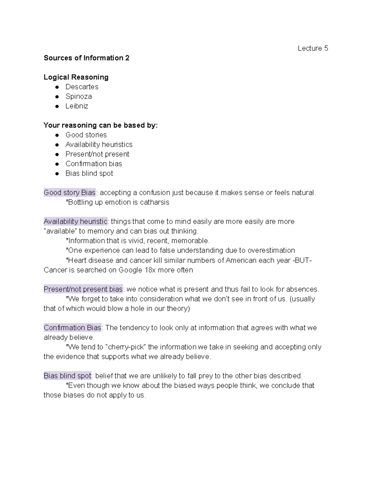 Psyc 3110 Lecture 5 - Google Docs - Lecture 5 Sources of Information 2 Logical Reasoning ...