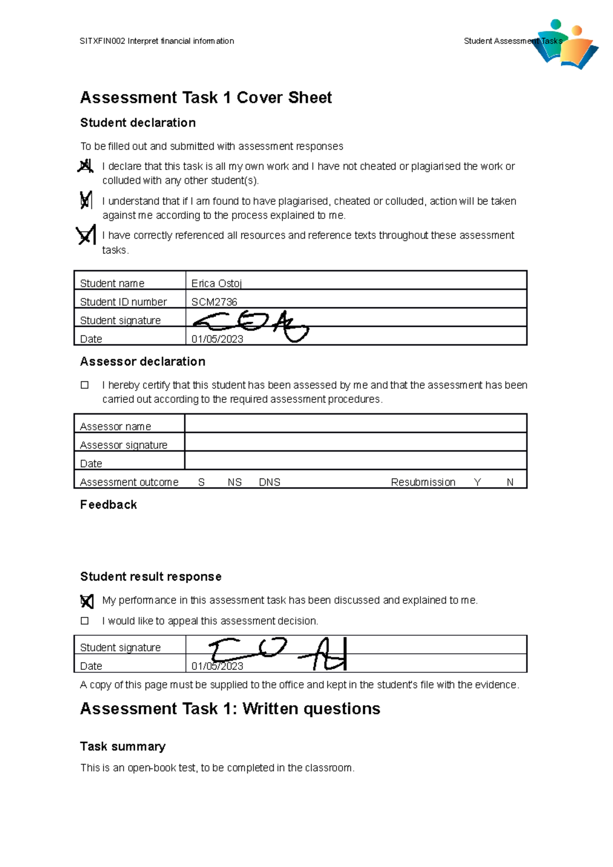 Sitxfin002 Student Assessment Task 1 - 091021G - Studocu