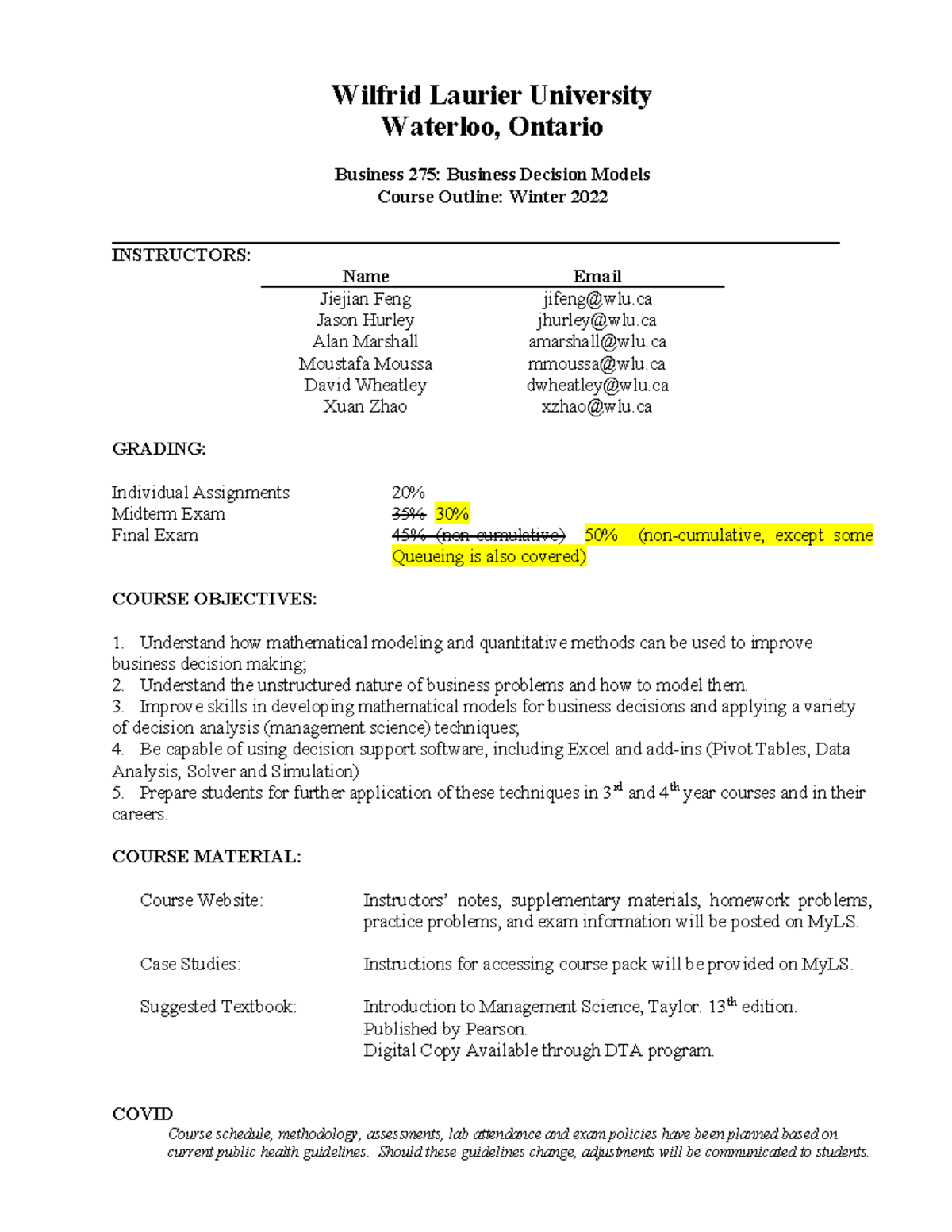 BU275 W22 Course Outline v2 - Wilfrid Laurier University Waterloo, Ontario Business 275 ...