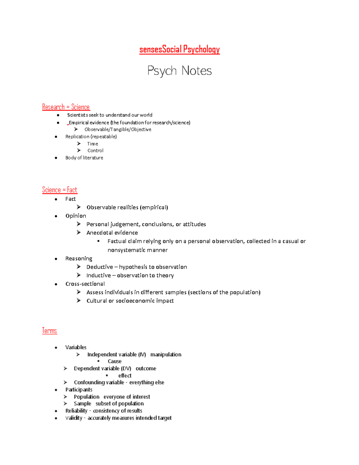 Psych - Lecture Notes - sensesSocial Psychology Psych Notes Research ...