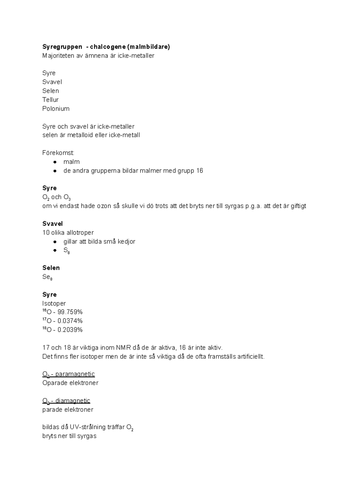 F6.1 Grupp 16 i periodiska systemet - Syregruppen - chalcogene ...