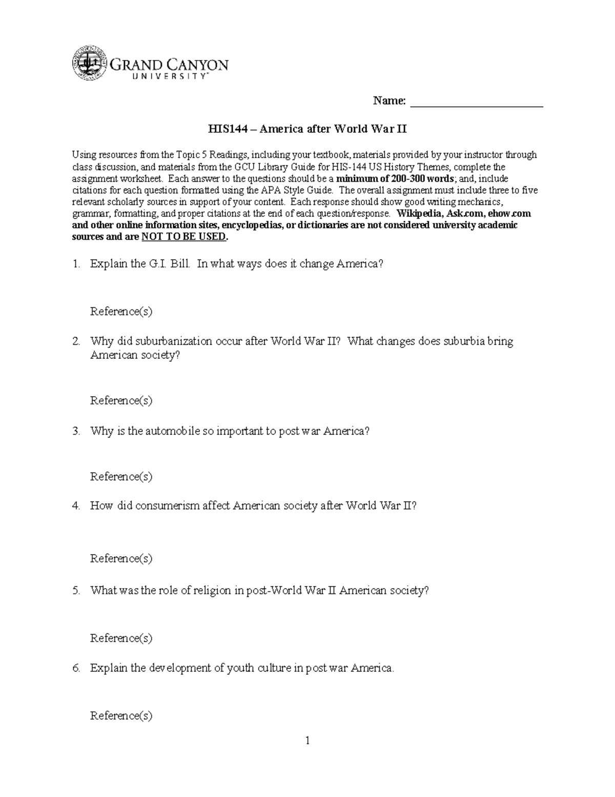 HIS-144-T-5.America after WWII r1 - Name: ______________________ HIS144 ...