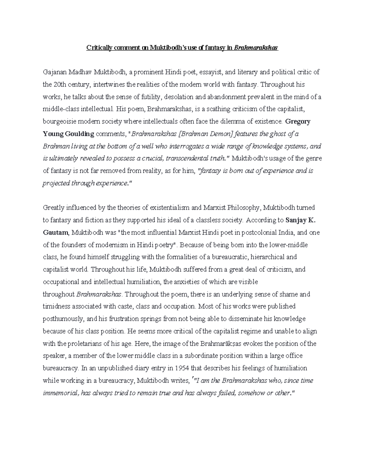 Critically comment on Muktibodhs use of - Throughout his works, he ...