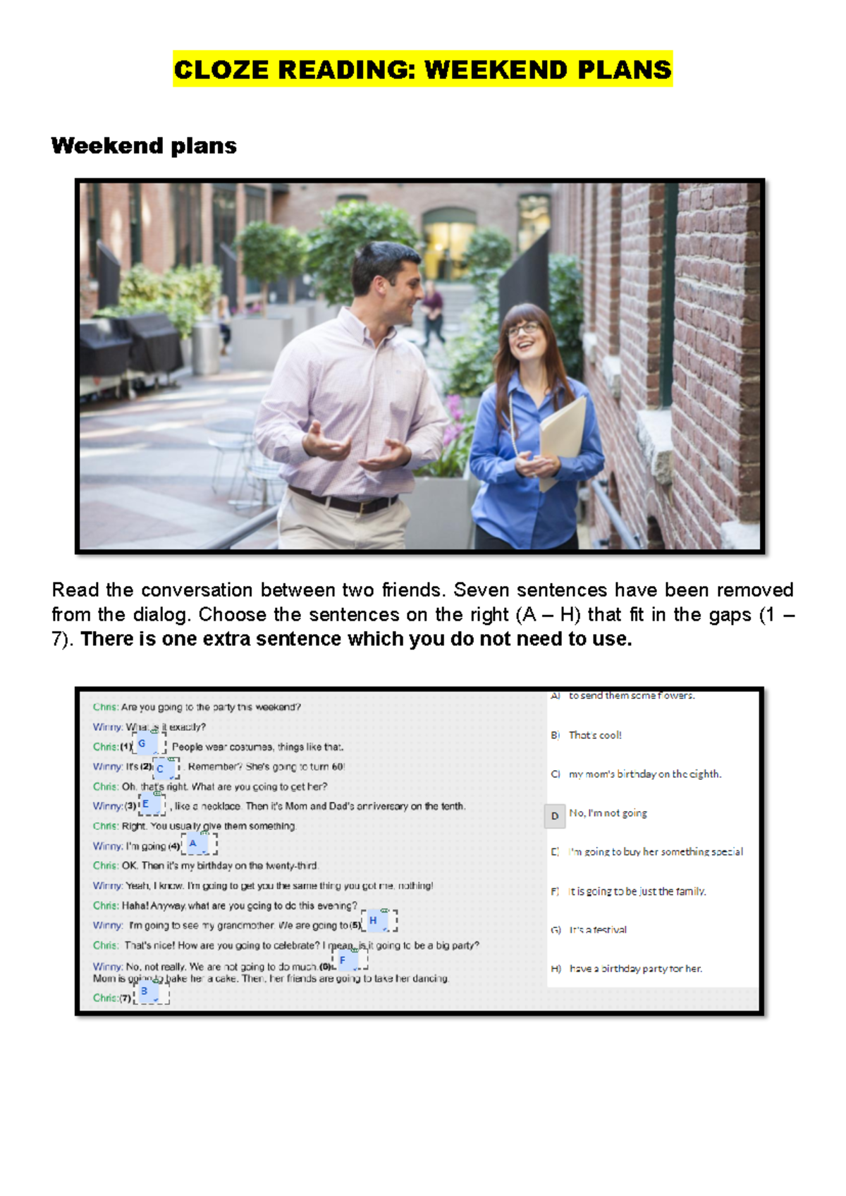 Cloze reading-Weekend plans-yeah - Ingles IV - CLOZE READING: WEEKEND ...