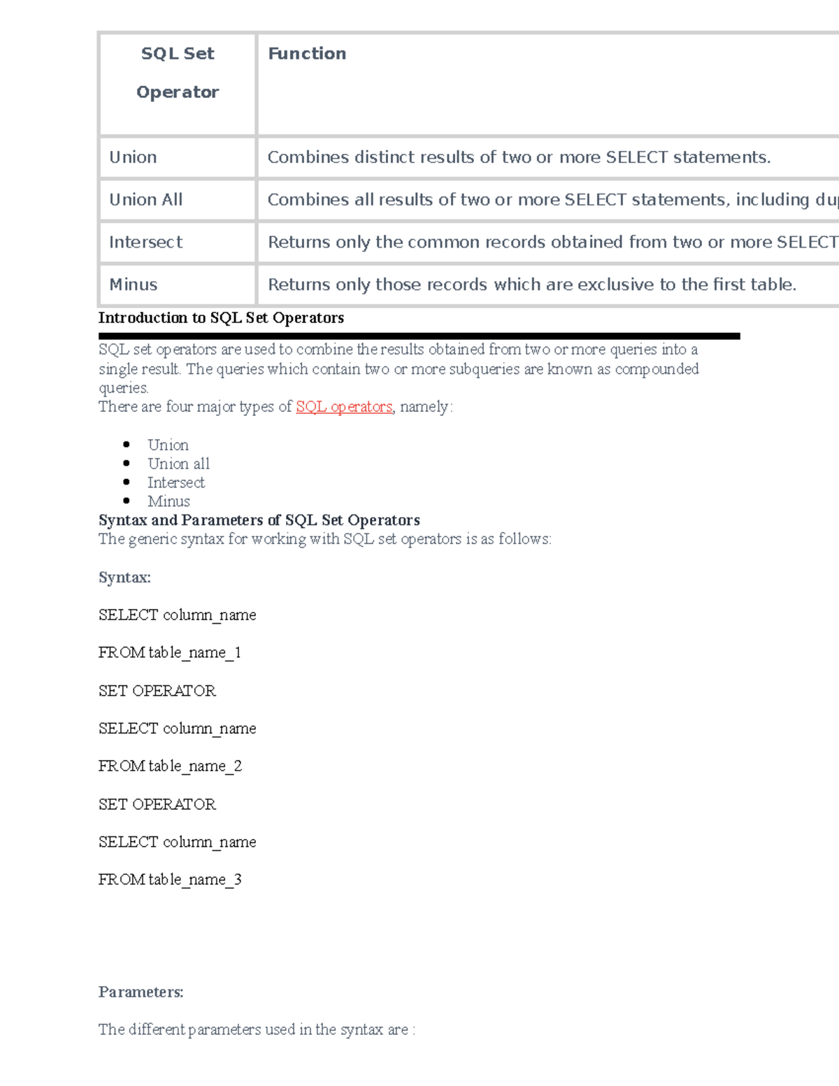 SQL Set Operator - Data base management system - SQL Set Operator Function Union Combines ...