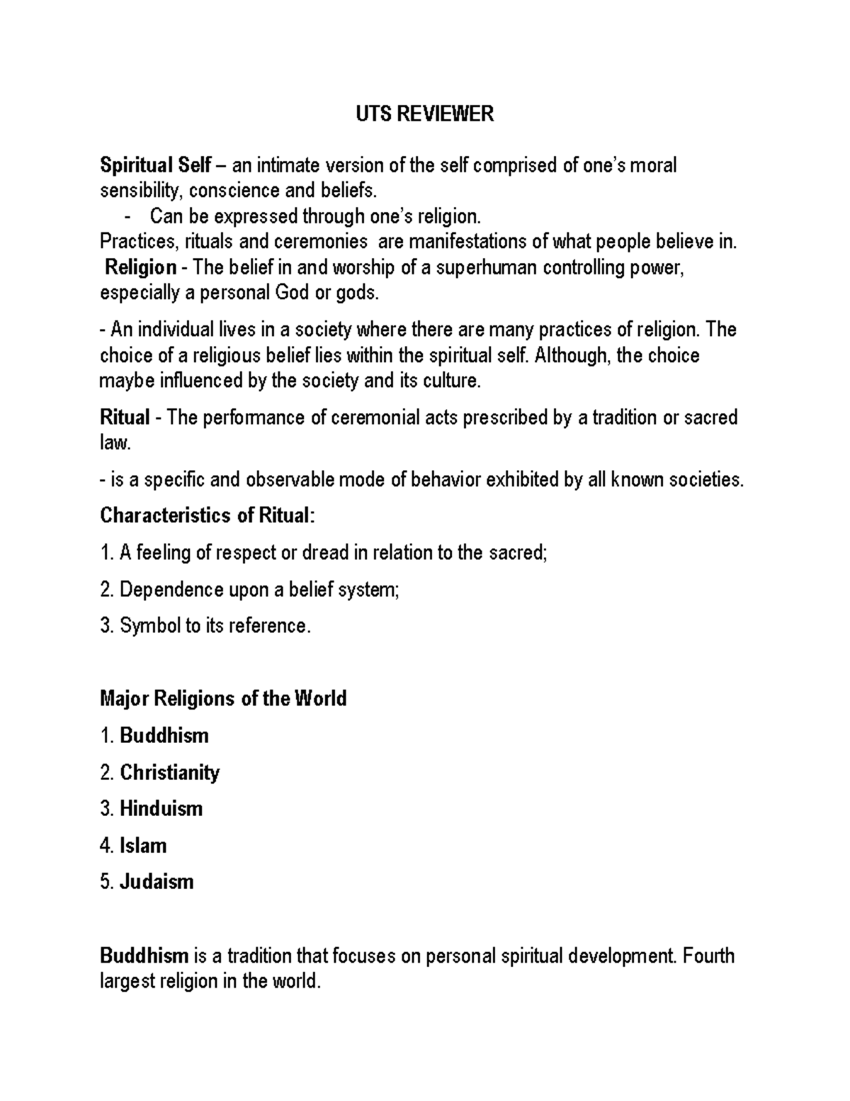 UTS- Reviewer - mamagement lecture notes - UTS REVIEWER Spiritual Self ...